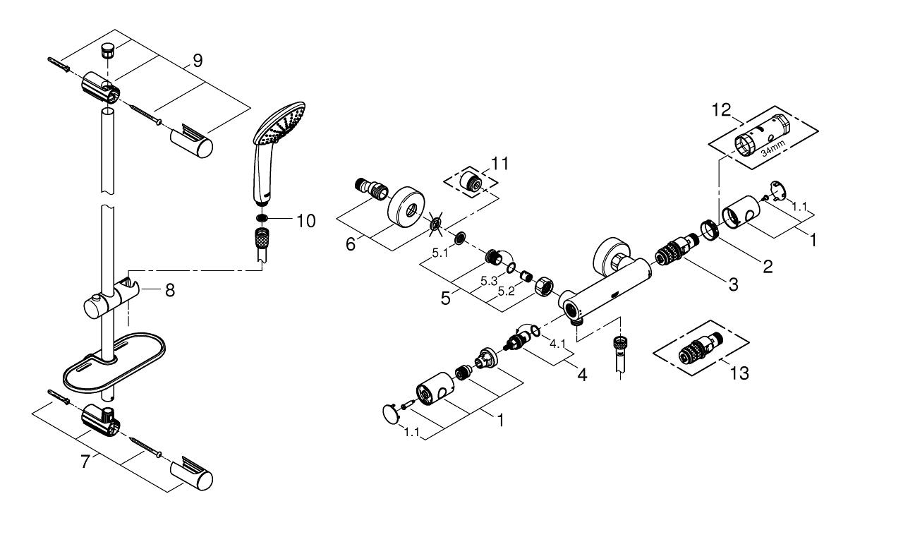 Grohtherm 1000 Cosmopolitan M סט מקלחת תרמוסטטי 1/2″ | GROHE