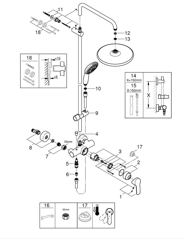 Tempesta System 250 Shower system with single lever mixer for wall ...