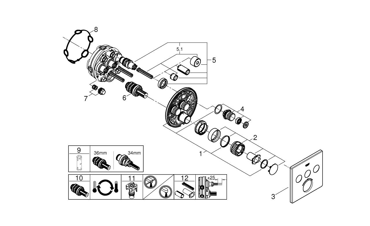 Grohtherm SmartControl Thermostat for concealed installation with 3 ...